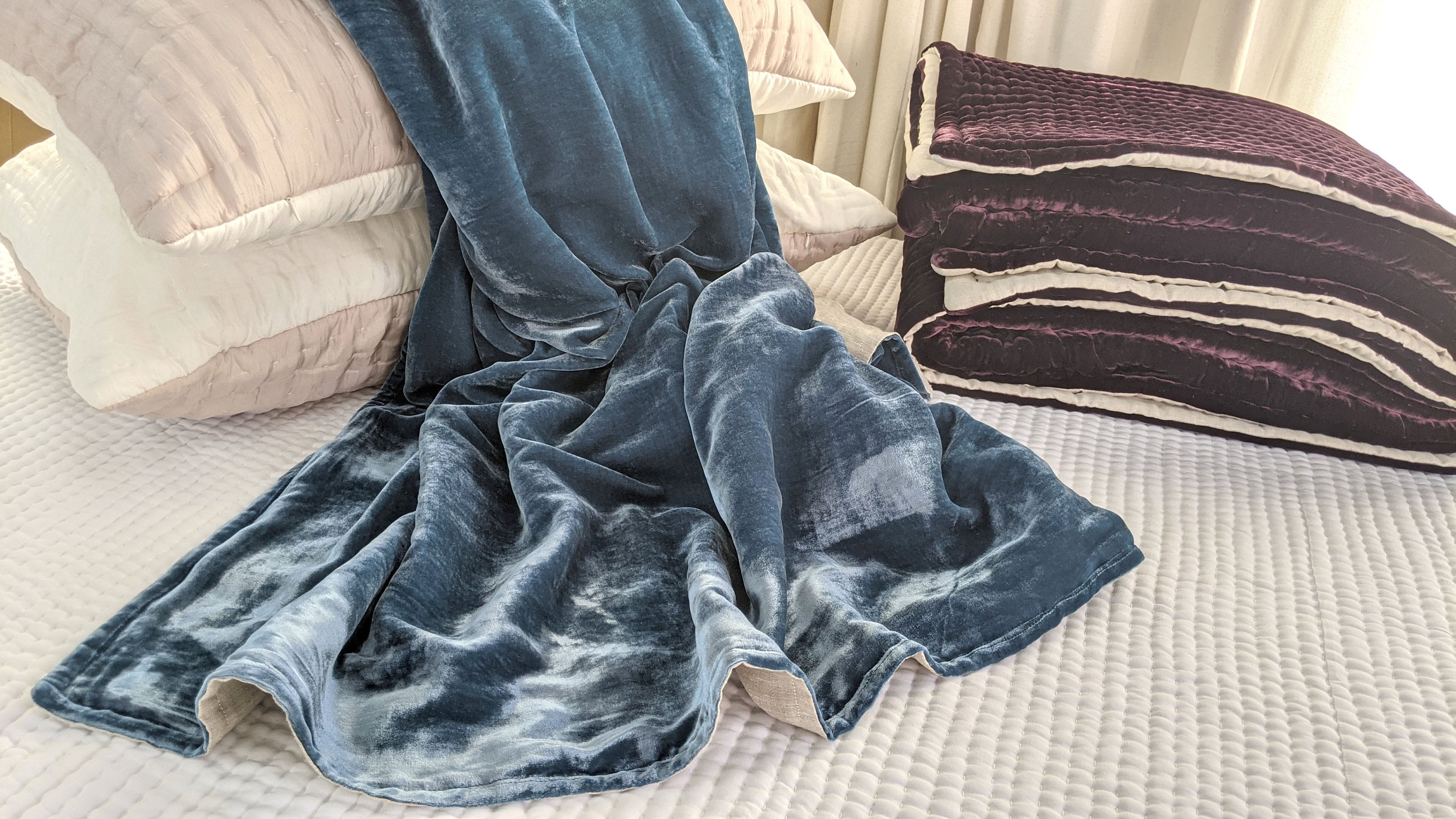 Silk Velvet Throw Blanket Coverlet, Natural Linen Back Side No Filling ...