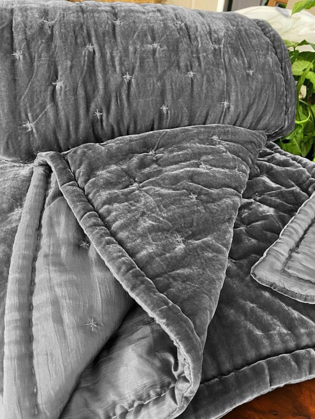 Slate Gray Silk Velvet Throw, Natural Silk Velvet Quilted Blanket,soft ...