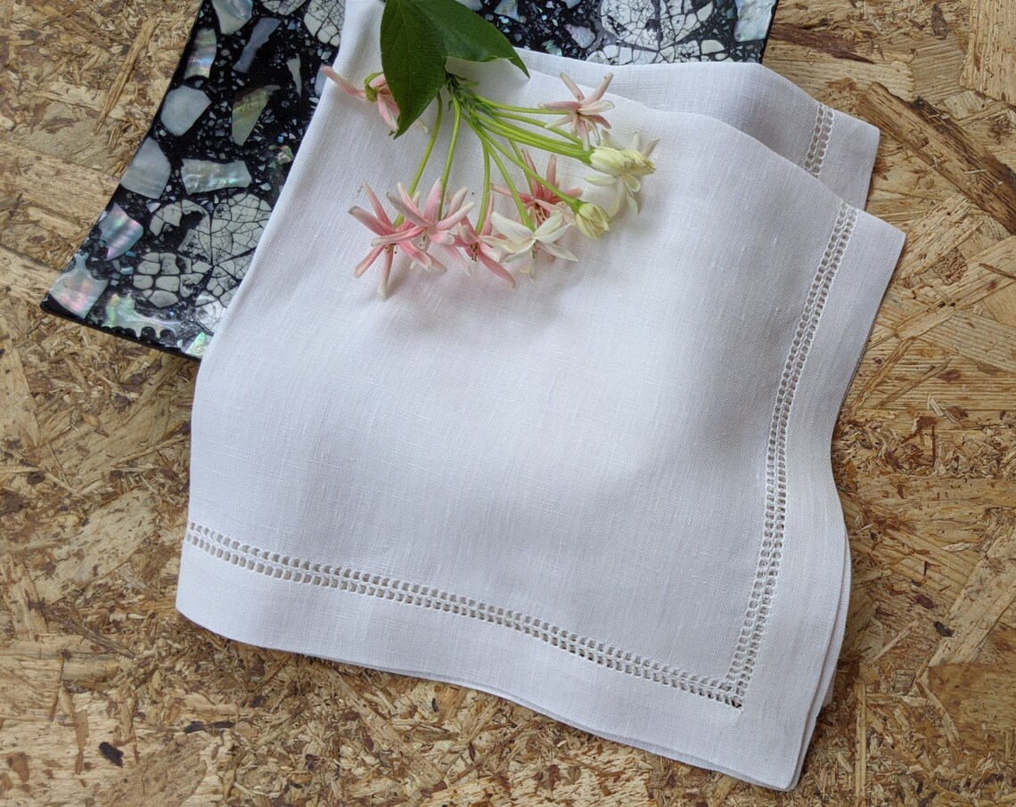 Ivory, White Linen Dinner Napkins With Hemsticthed Linen Napkins ...