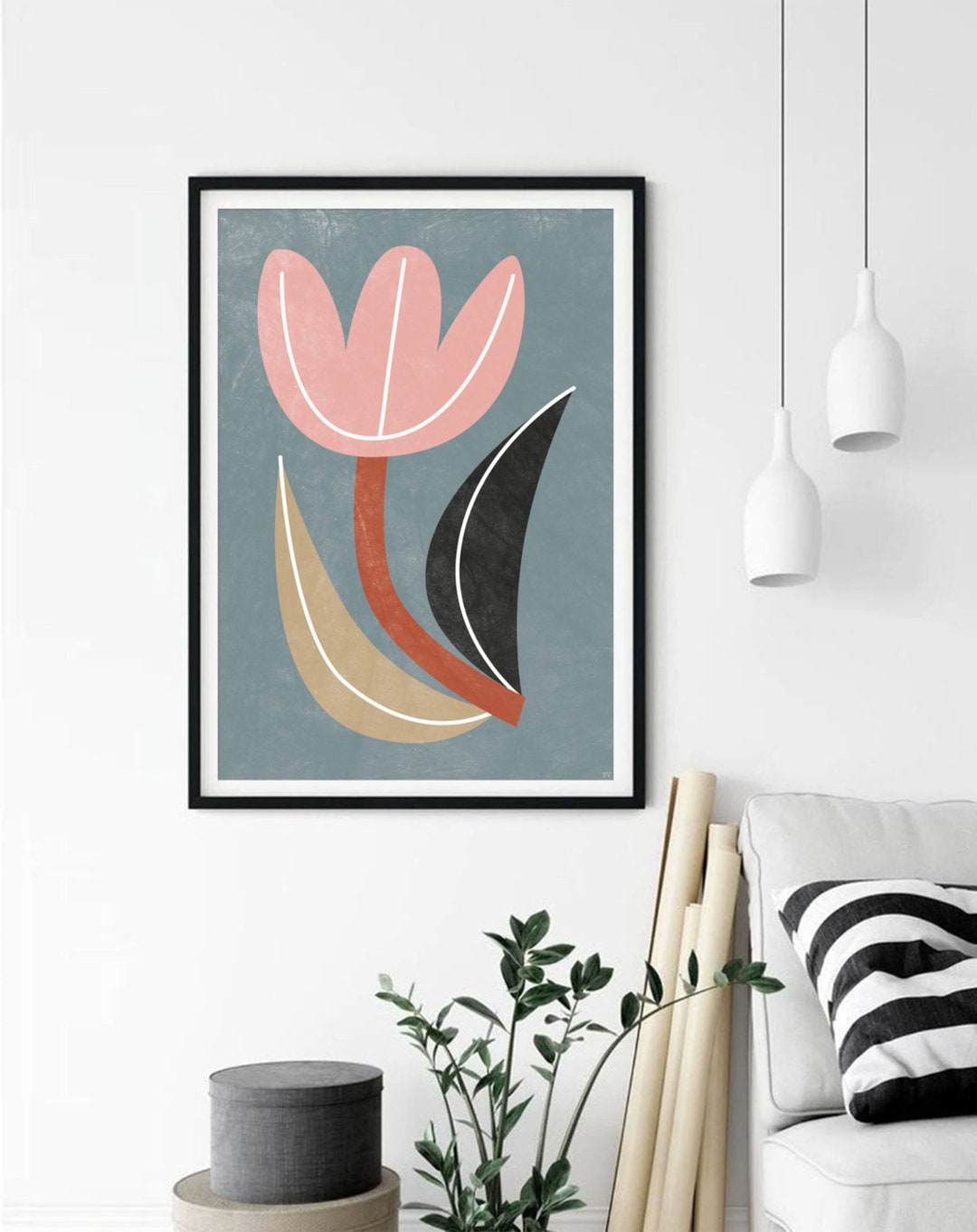 Art Print With a Stylized Tulip, Illustration of a Single Flower, Pink ...