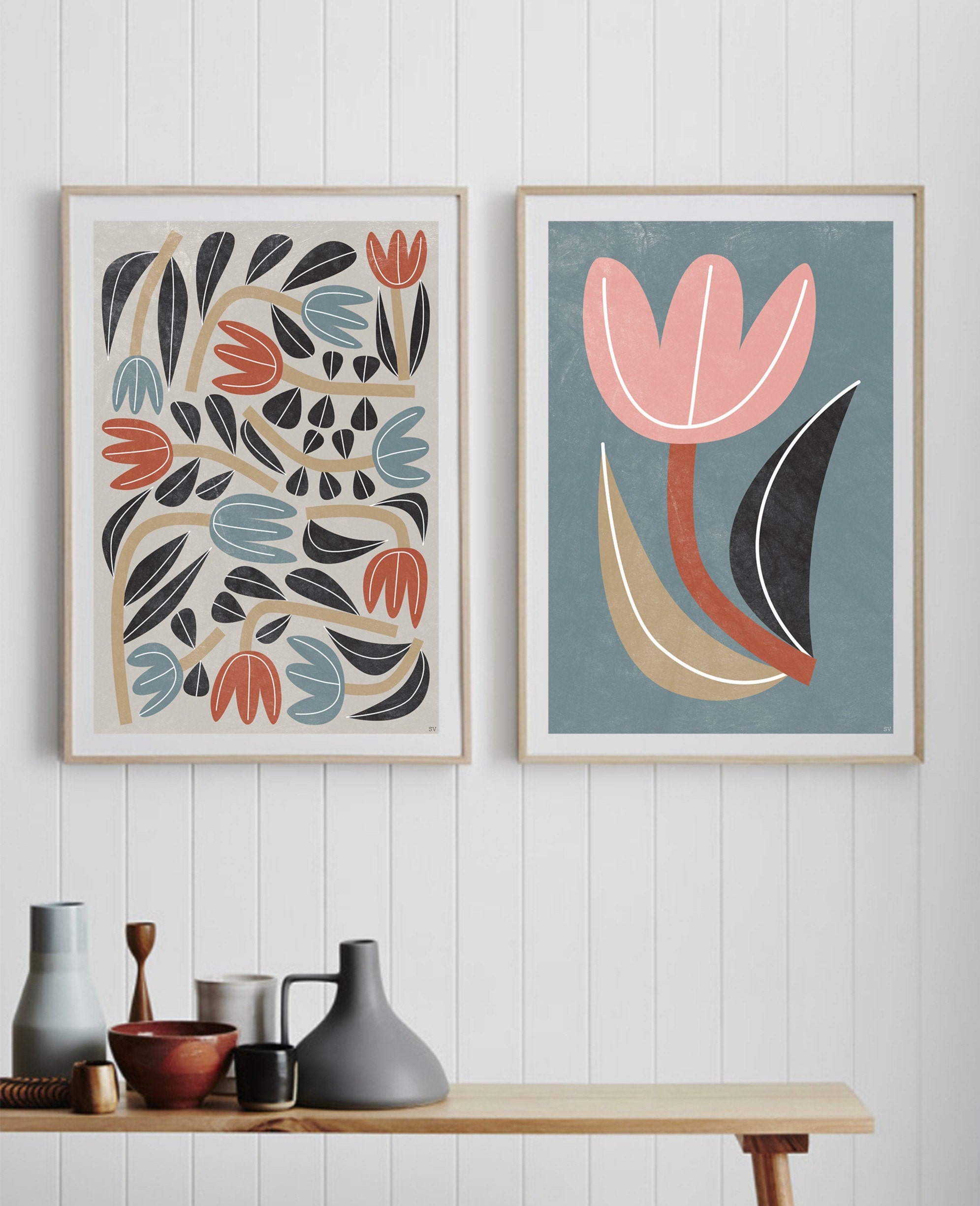 Art Print With a Stylized Tulip, Illustration of a Single Flower, Pink ...