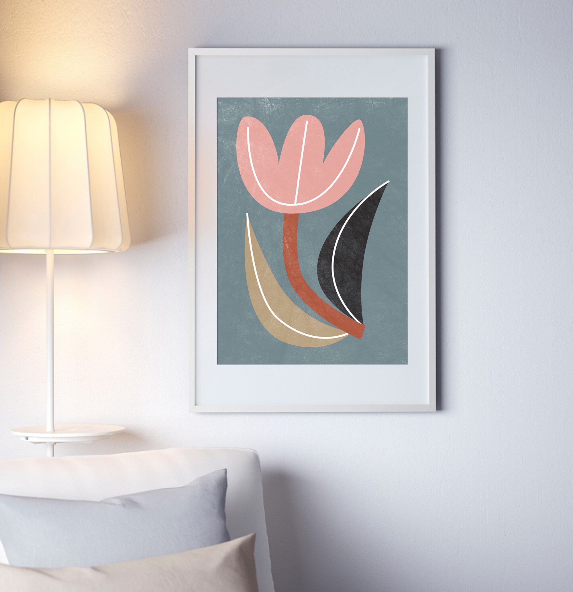 Art Print With a Stylized Tulip, Illustration of a Single Flower, Pink ...