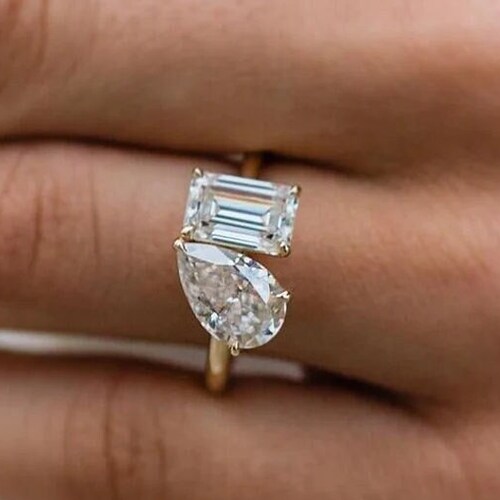 Double Stone Ring 2 Stone Engagement Ring Emerald Cut and - Etsy