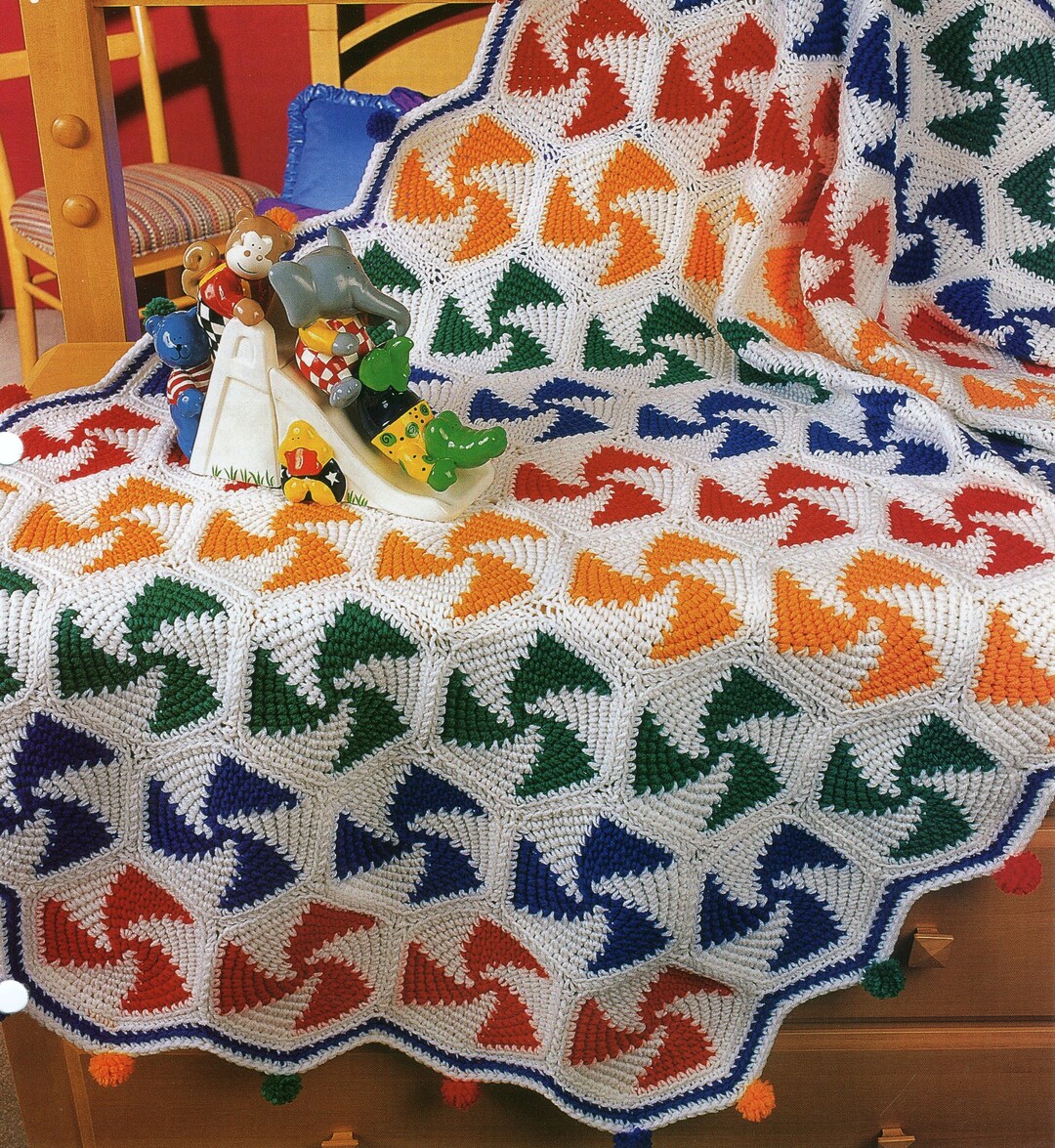 FUN Playful Pinwheels Afghan With Pompoms - White & Multi-color Blanket ...