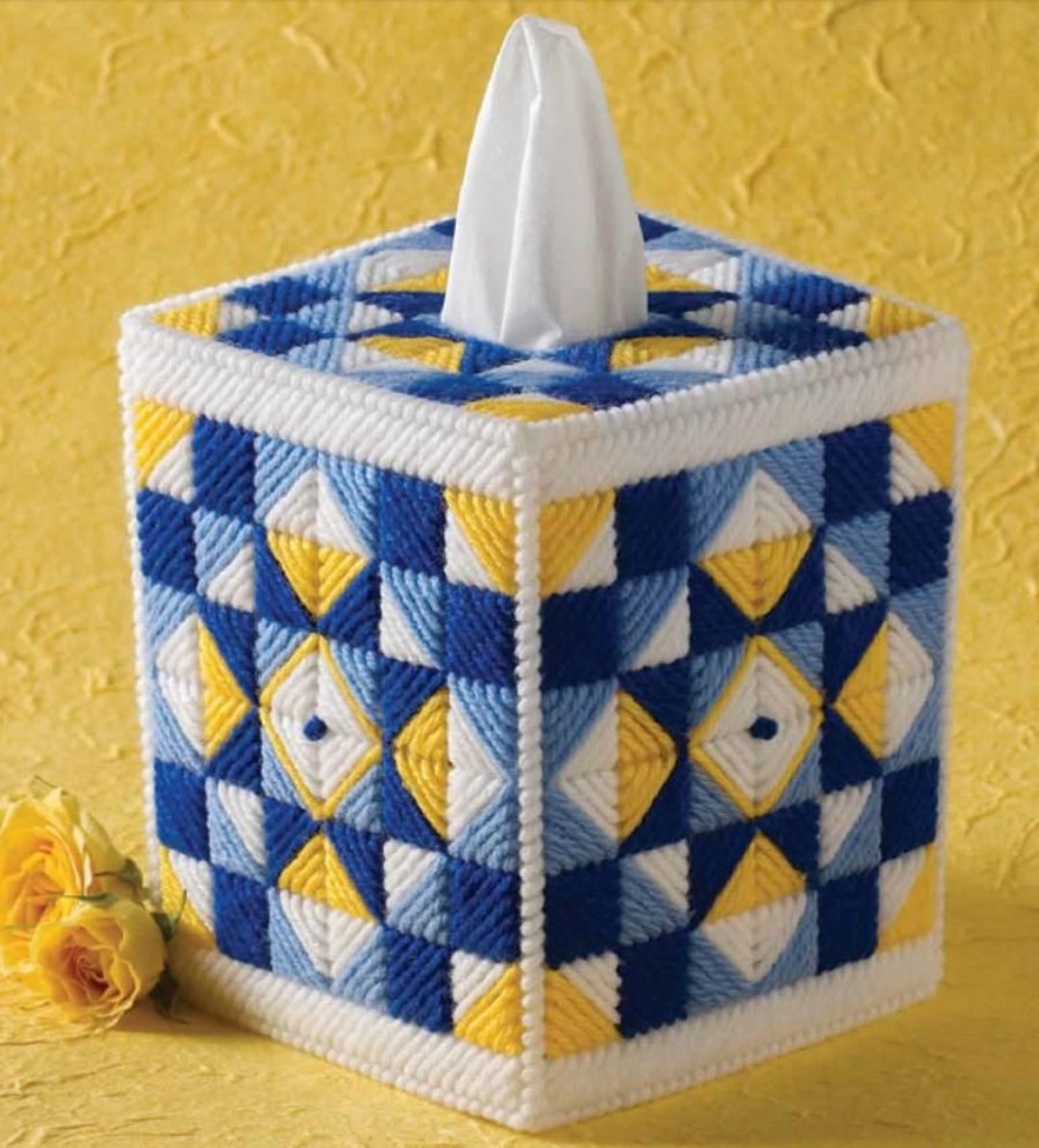 Tissue Box Cover - Plastic Canvas Project Beginner - Sunny Quilt Blue ...