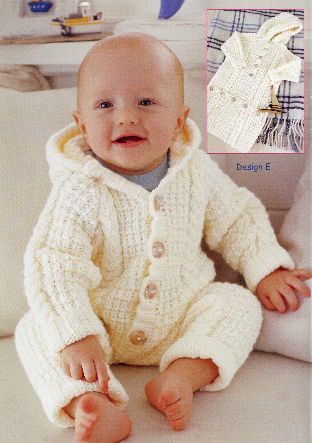 Aran 10-ply Knit Baby Boy All-in-one Suit and Sleep Bag - 0-3, 3-6, 6 ...