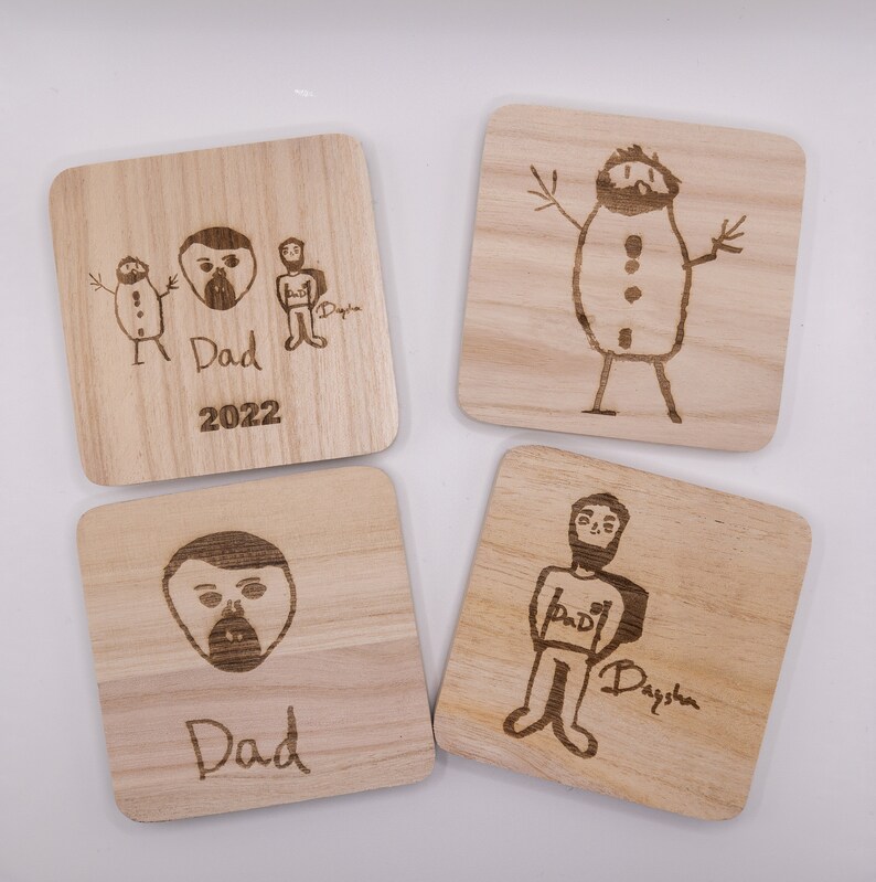Wooden Coasters With Child's Drawing, Laser Engraving With Children's ...