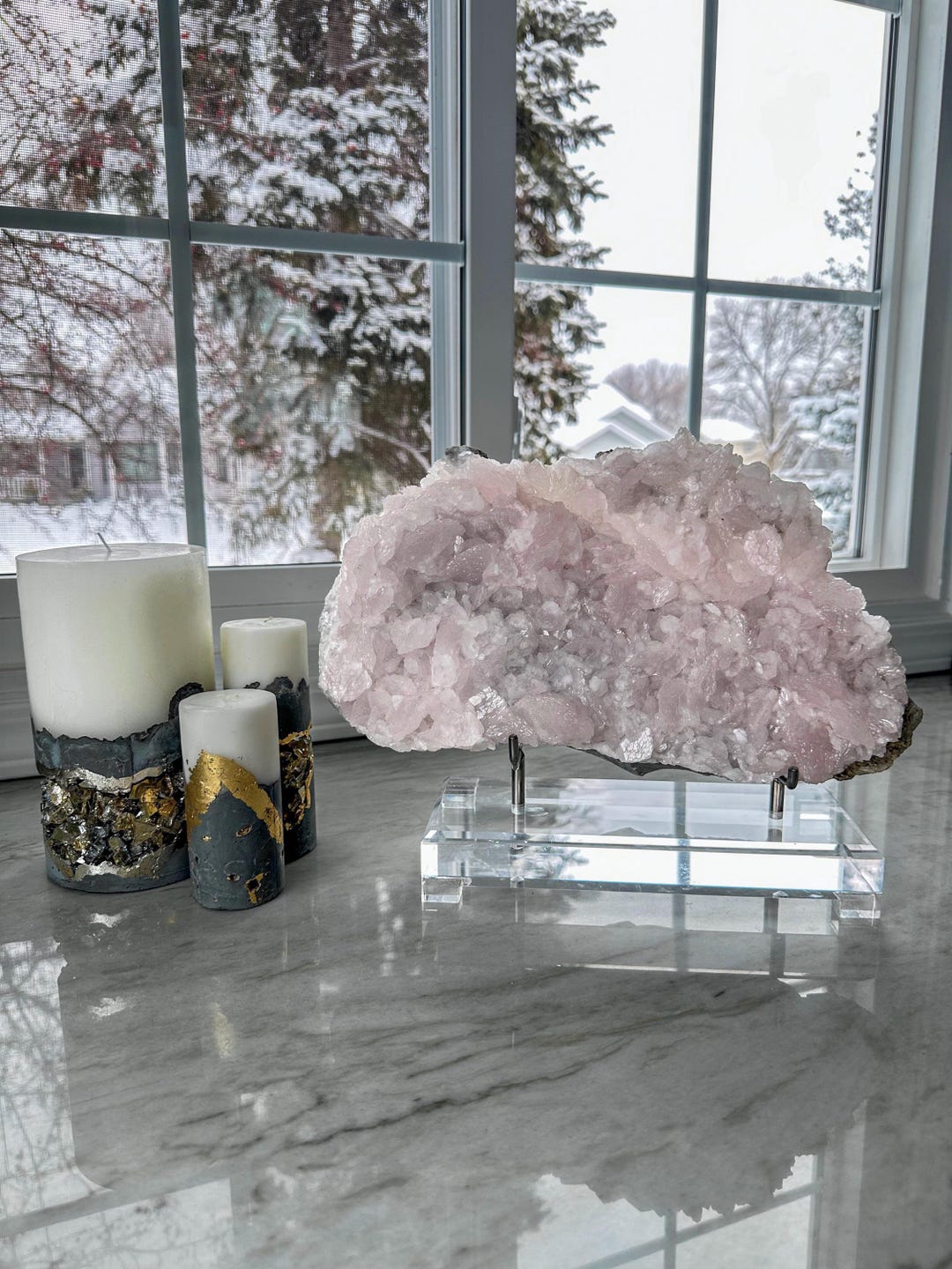 Pink Manganoan Calcite Slab on Custom Acrylic Stand - Large 13” - High ...