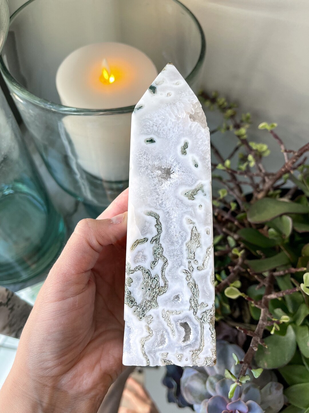 White Moss Agate Tower With Quartz Point Druzy 6.5” - Etsy