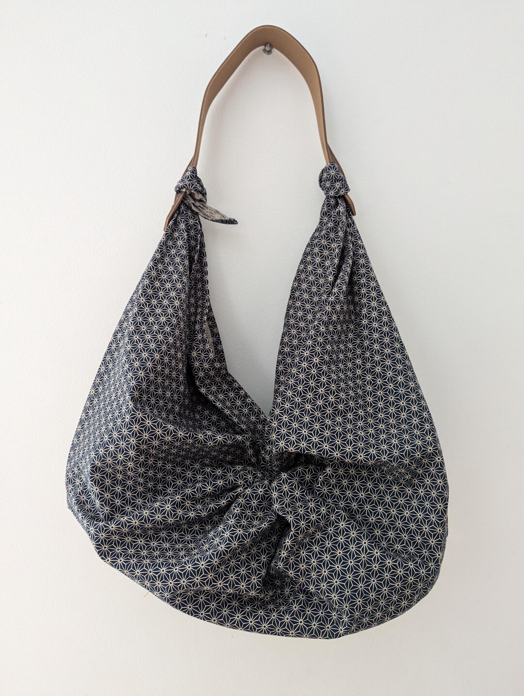 Furoshiki Handbag in Blue Japanese Fabric, Gray Leather Handle, Worn on ...