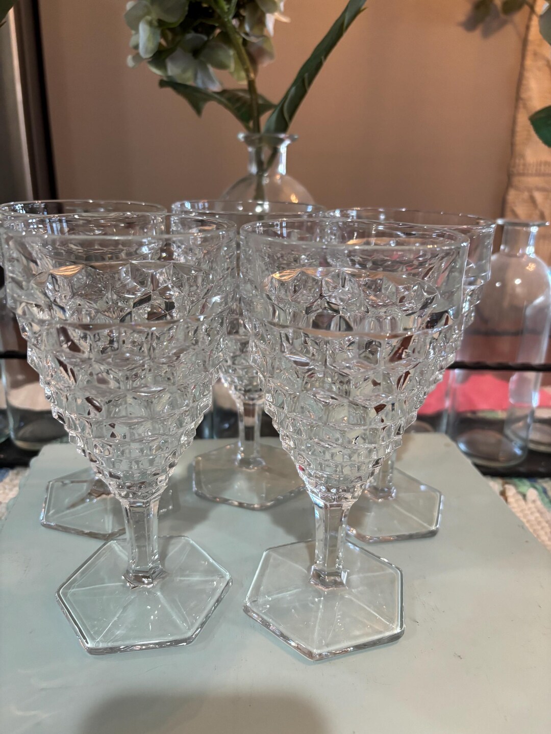 Fostoria American Footed Water Glass Goblet Hexagonal Foot Set of 5 ...