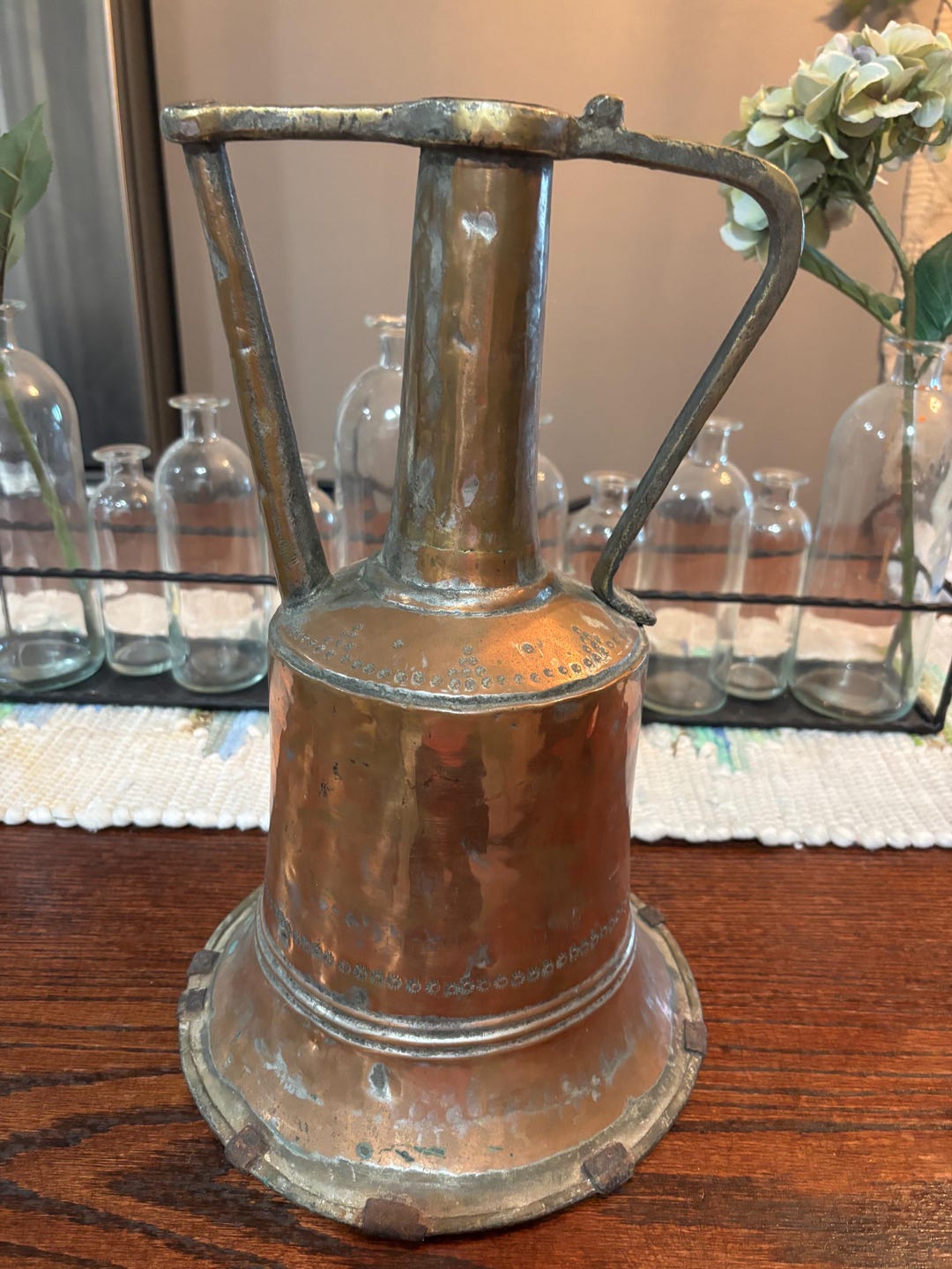 Antique Primitive Hammered Copper Wrought Iron Pitcher Pot W/ Handles ...
