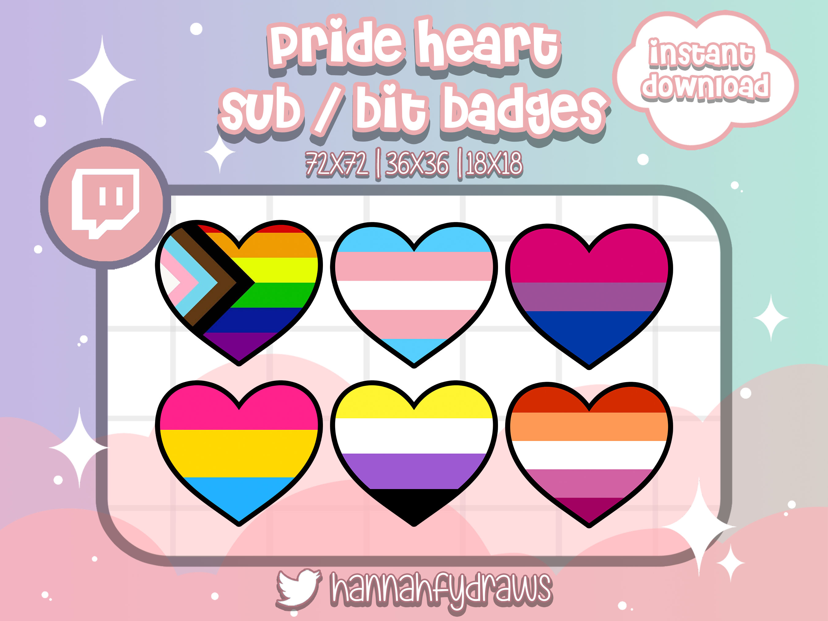 6 insignias de Twitch Sub Pride Flag Heart, LGBTQ+, Bit, Cheer, Loyalty ...