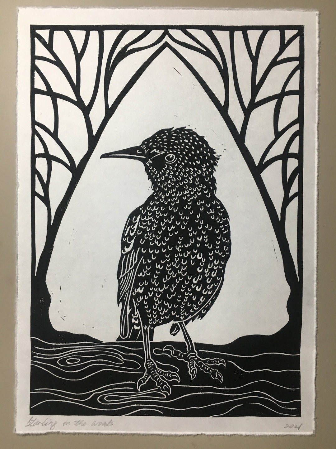 Hand Printed Starling Bird. Original Hand Printed. Starling Bird in the ...