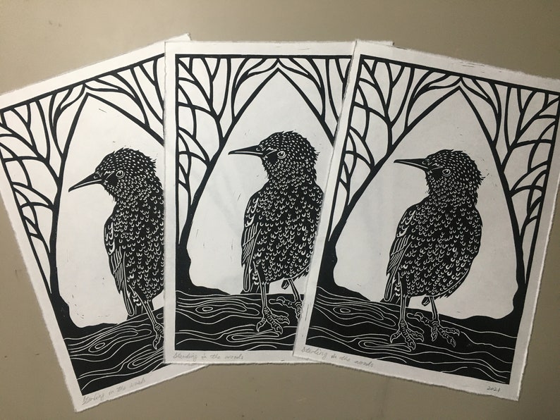 Hand Printed Starling Bird. Original Hand Printed. Starling Bird in the ...