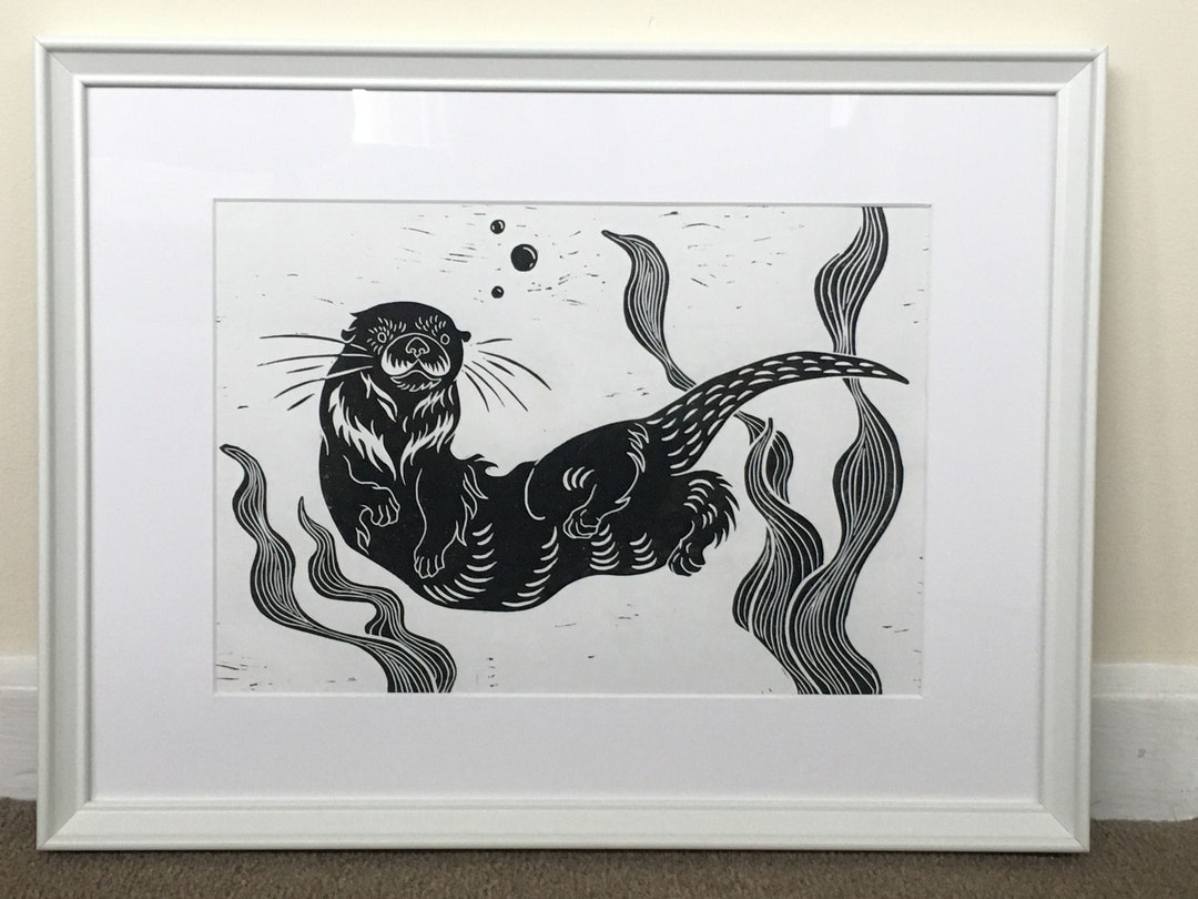 Linocut Handprinted Otter. ' Keep Swimming' Otter Original Linocut ...