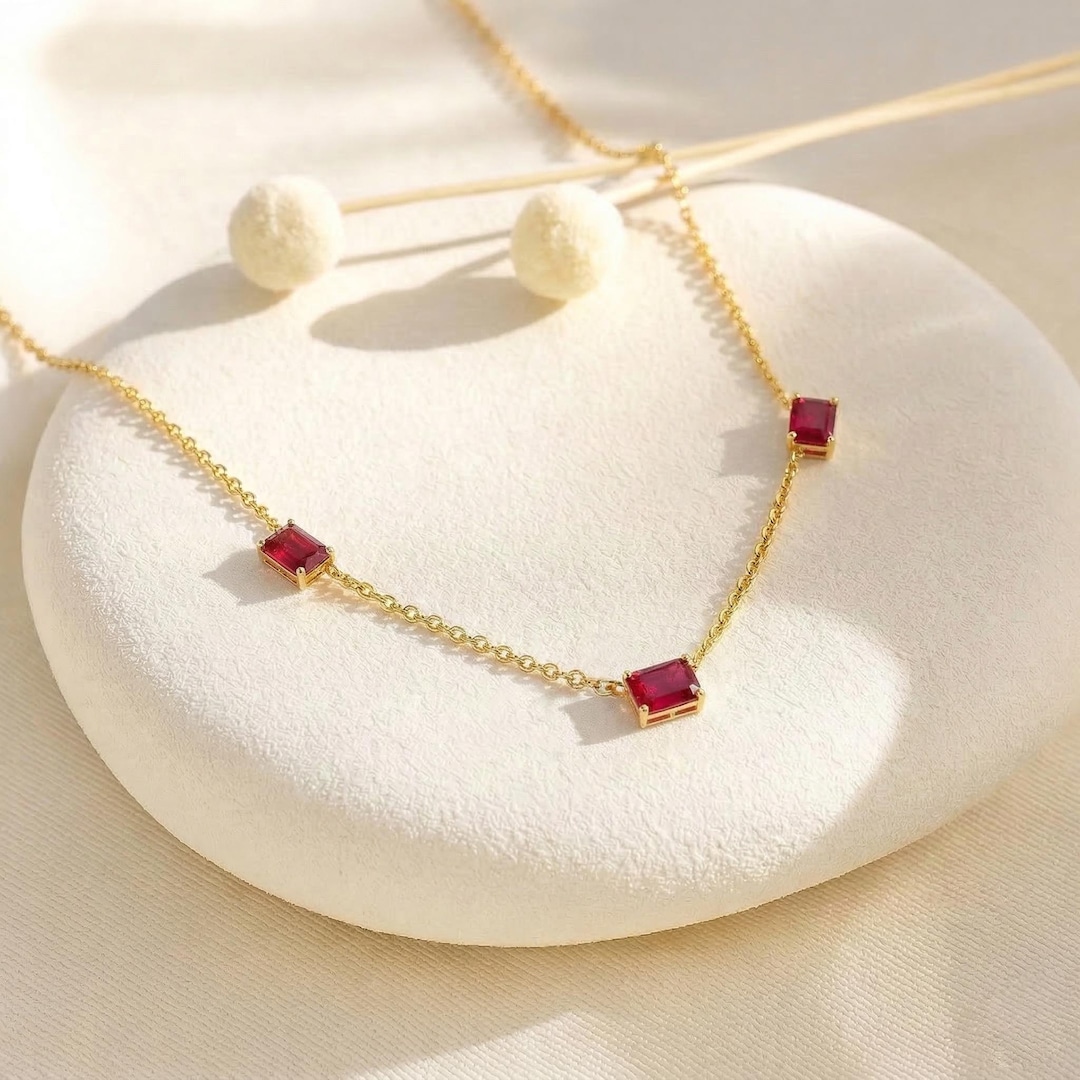 Dainty Ruby Necklace Gold, Octagon Natural Ruby Station Necklace ...