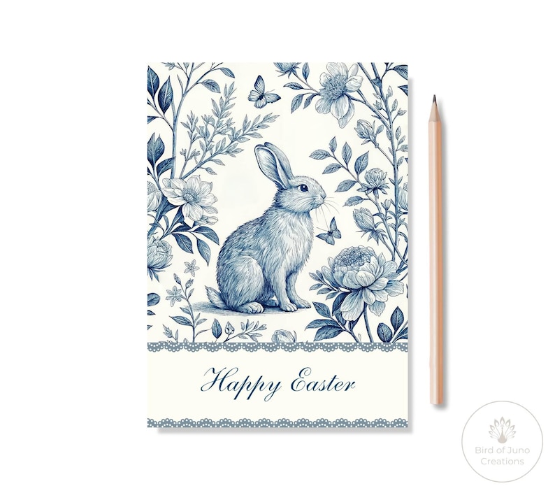 Blue Bunny Easter Card, Printable Chinoiserie Rabbit Greeting Card ...