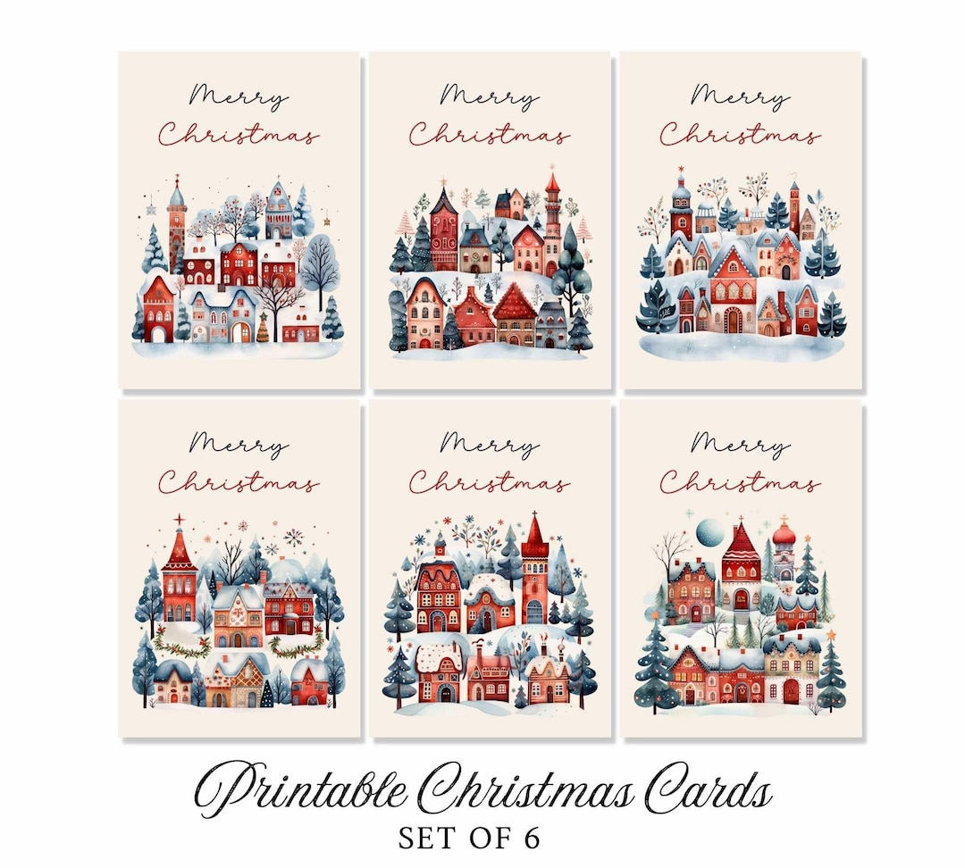 Scandinavian Christmas Cards Printable Set of 6, Nordic Winter Houses ...