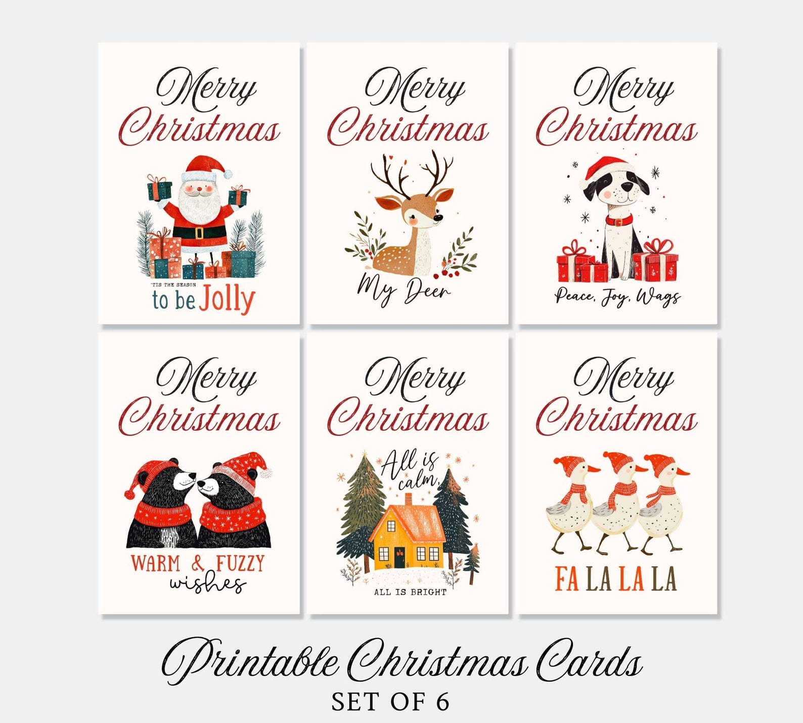 Retro Christmas Cards Printable Set of 6, Boho Holiday Season Digital ...