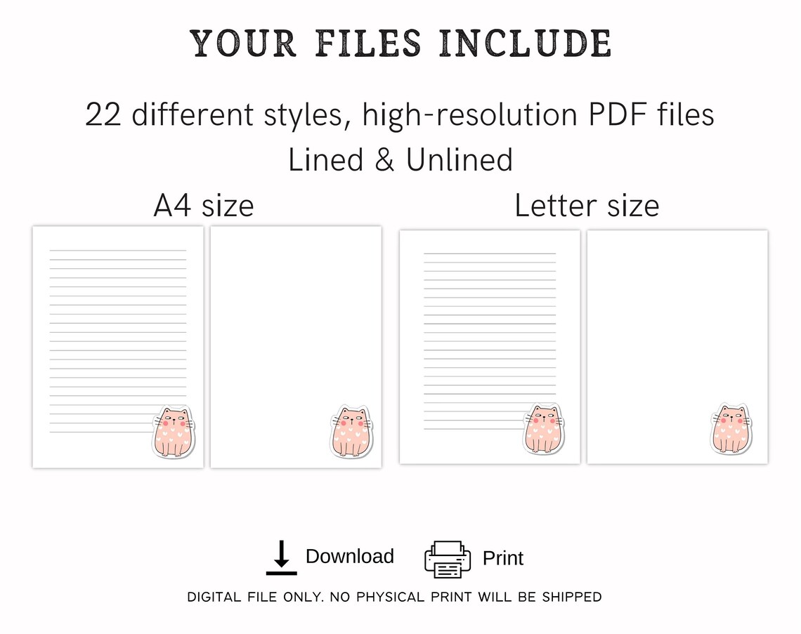 Cats Writing Paper, Printable Kitten Stationery Bundle, Cute Letter ...