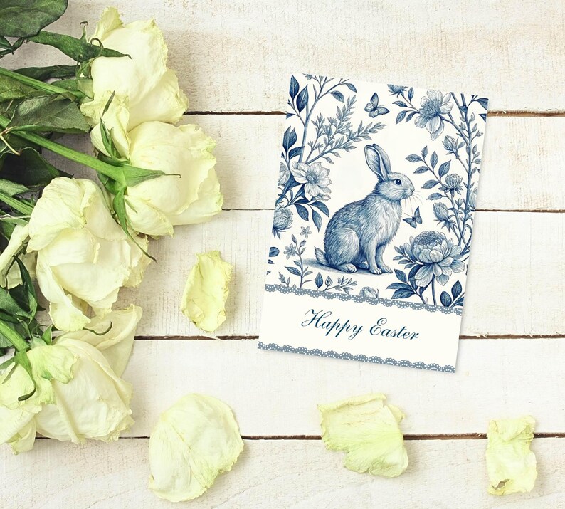 Blue Bunny Easter Card, Printable Chinoiserie Rabbit Greeting Card ...