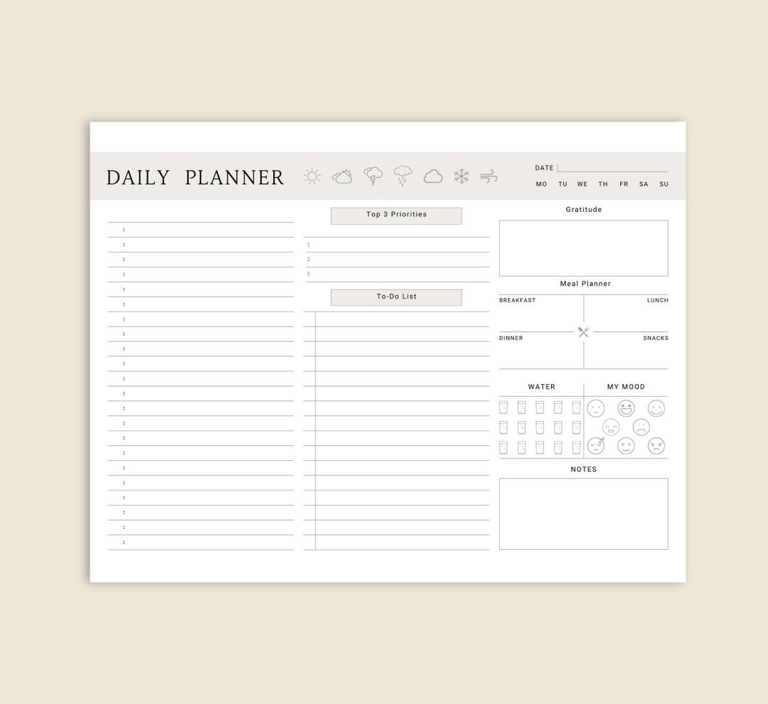 Daily Planner Printable, Landscape US Letter and A4 Sizes, Digital ...