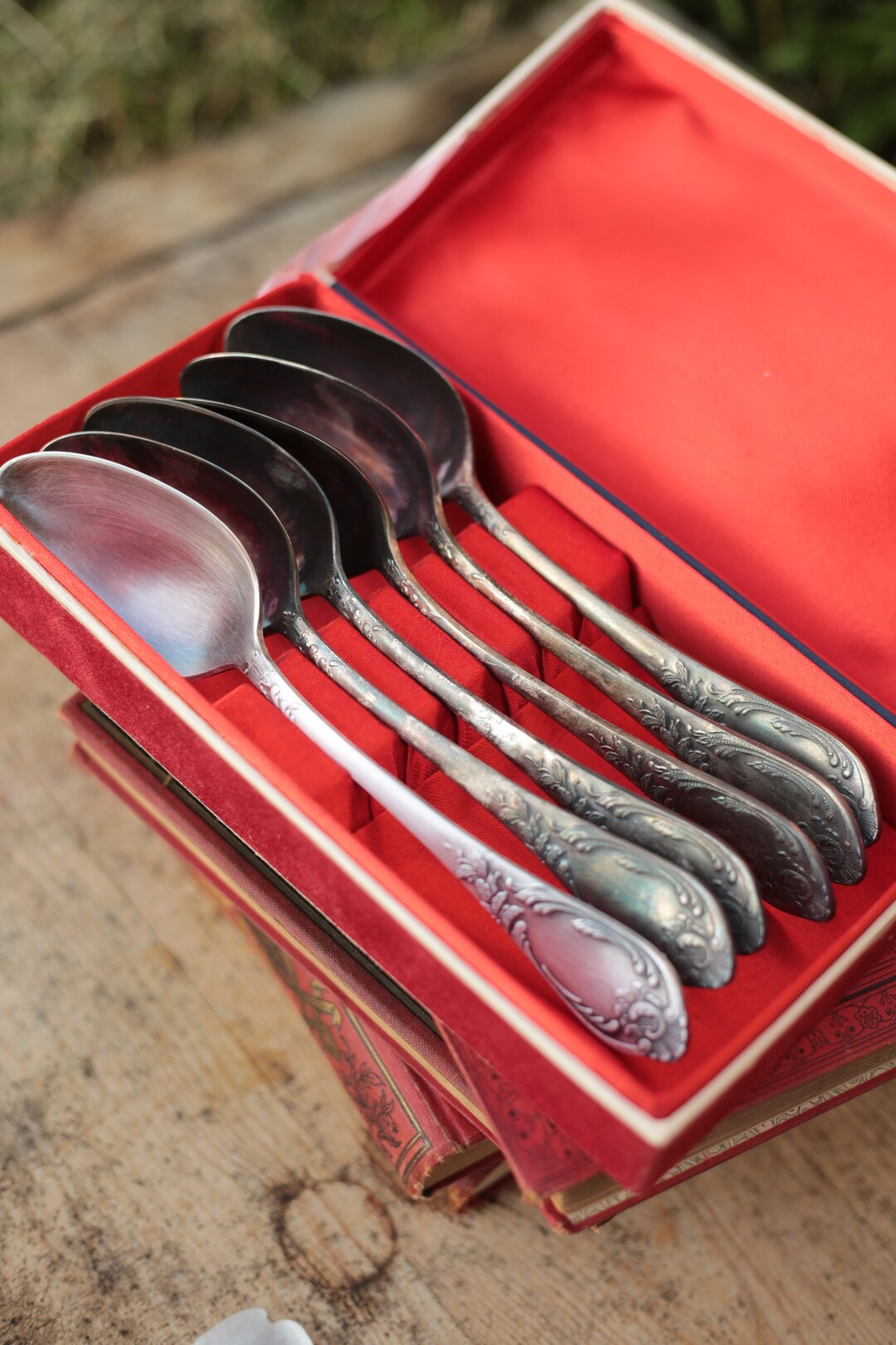 Vintage Soviet Silverplate Dinner Spoons, Set of 6 in Red Satin Lined ...