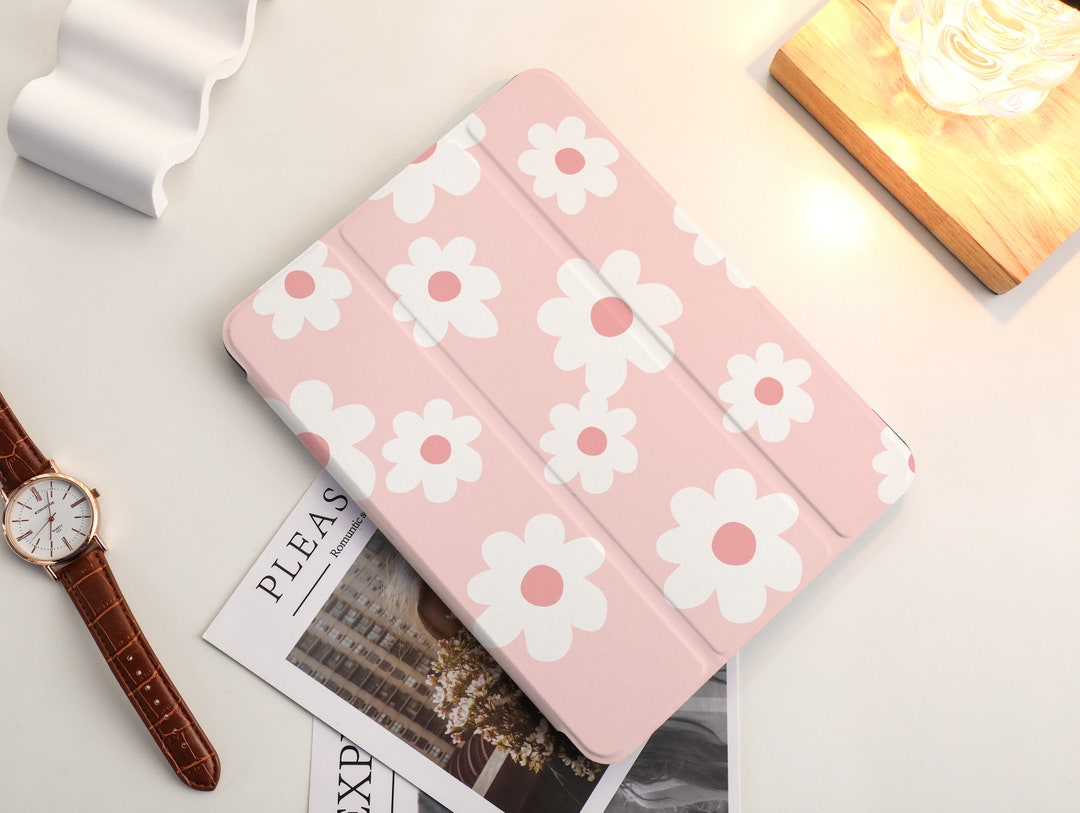 Small Pink White Flower iPad Case With Apple Pencil Holder, for iPad 9 ...