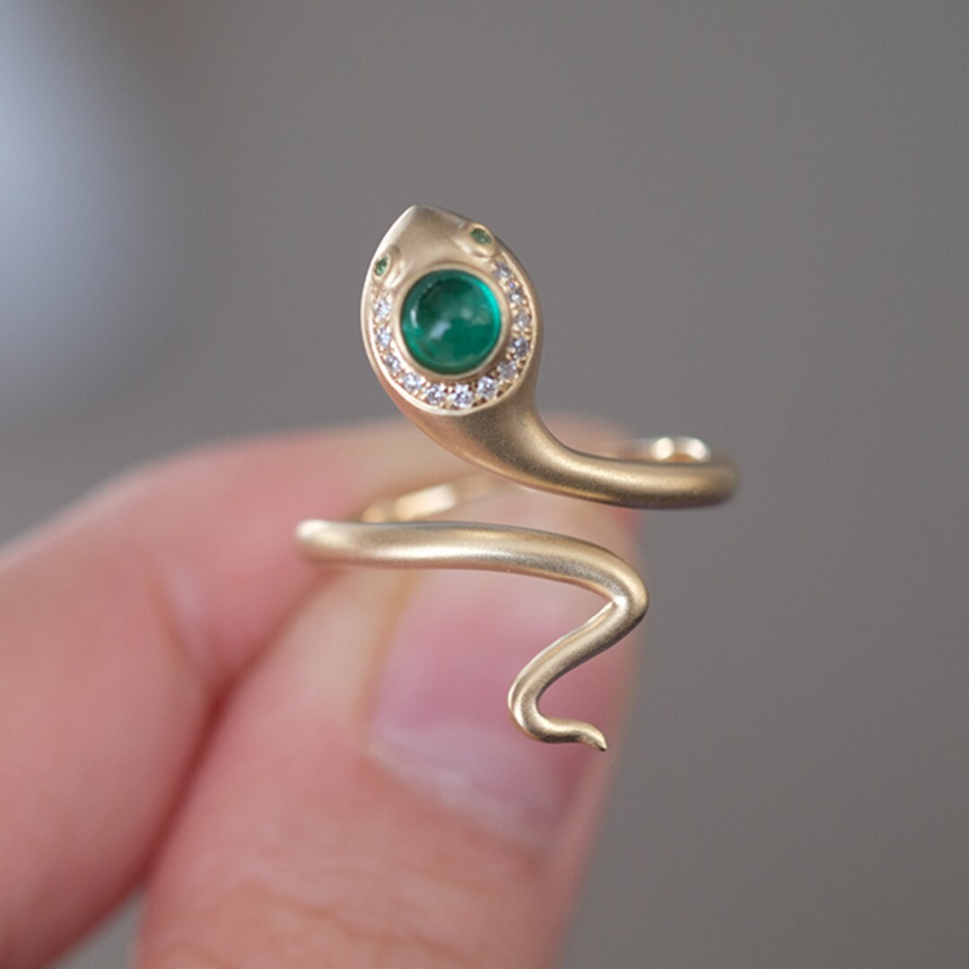 14K Green Emerald Snake Shape Animal Statement Ring Emerald Diamond ...