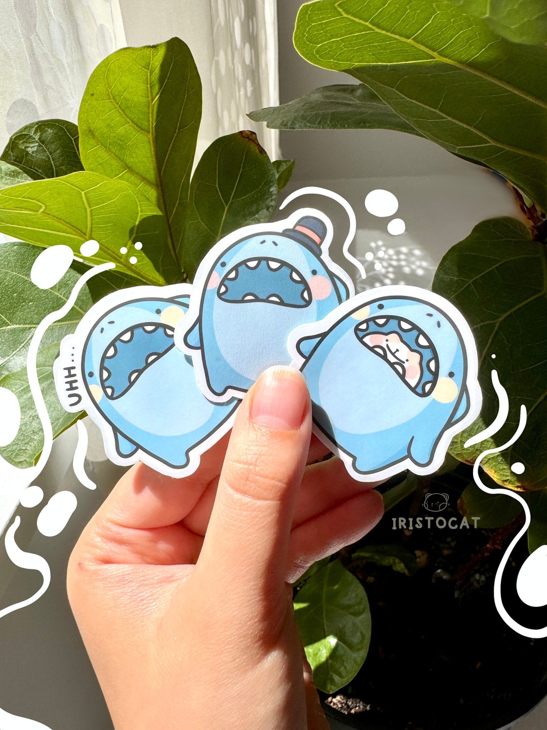 Round Shark Sticker Set Waterproof Vinyl, Cat in Shark Suit, Shark ...