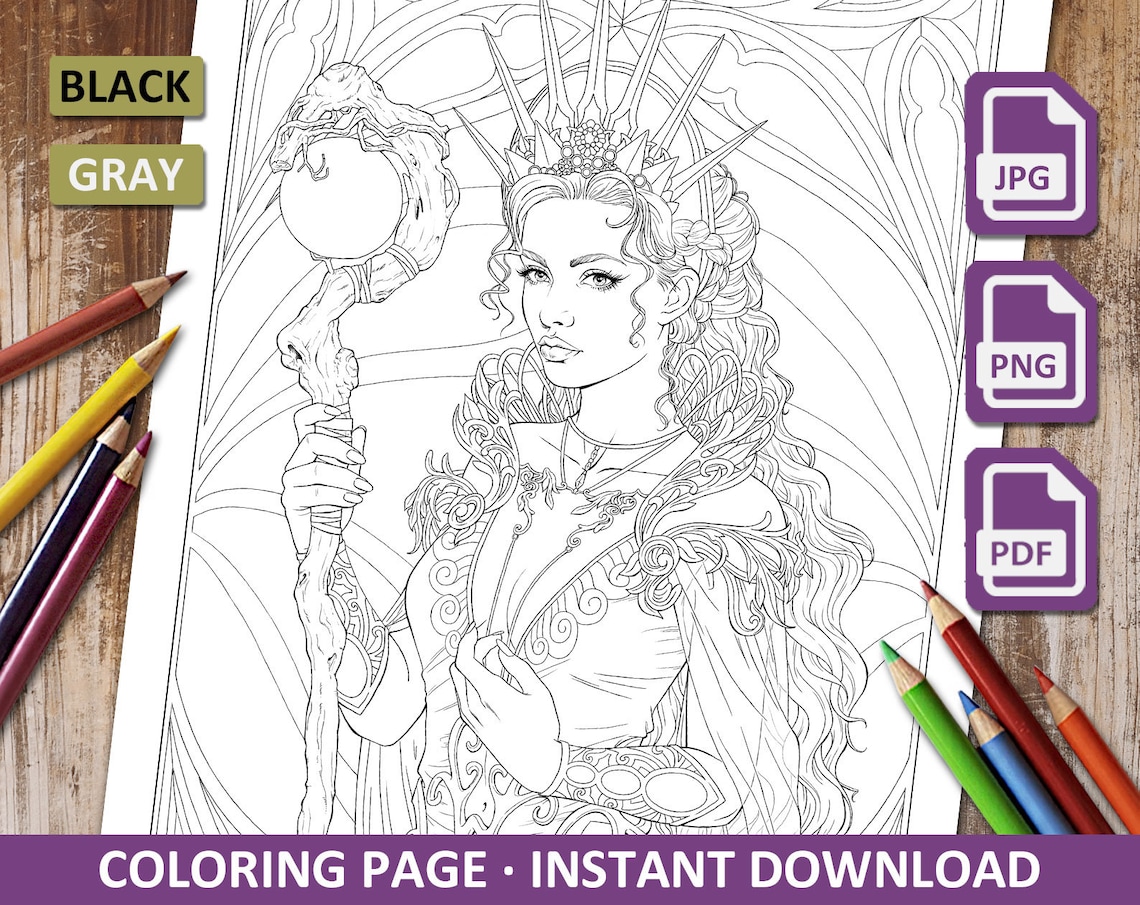Fantasy Coloring Page Sorceress Printable Download - Etsy
