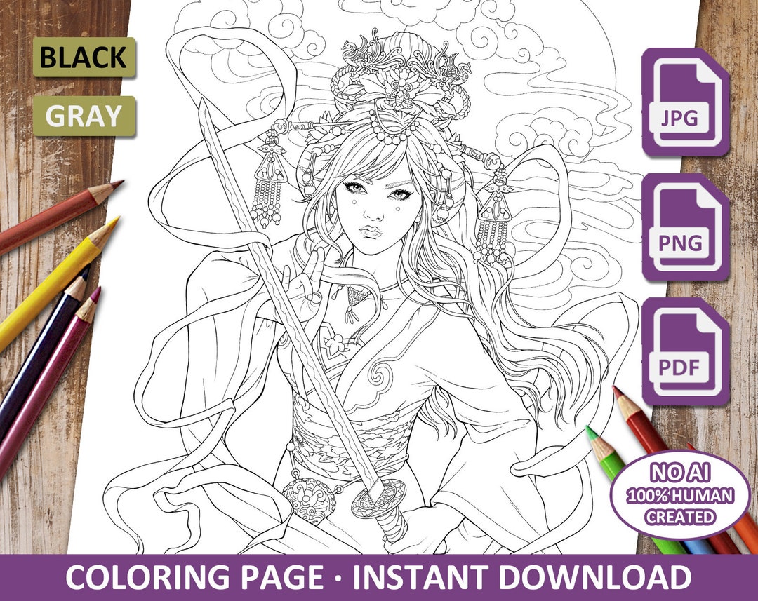Fantasy Coloring Page Moon Warrior Printable Download - Etsy