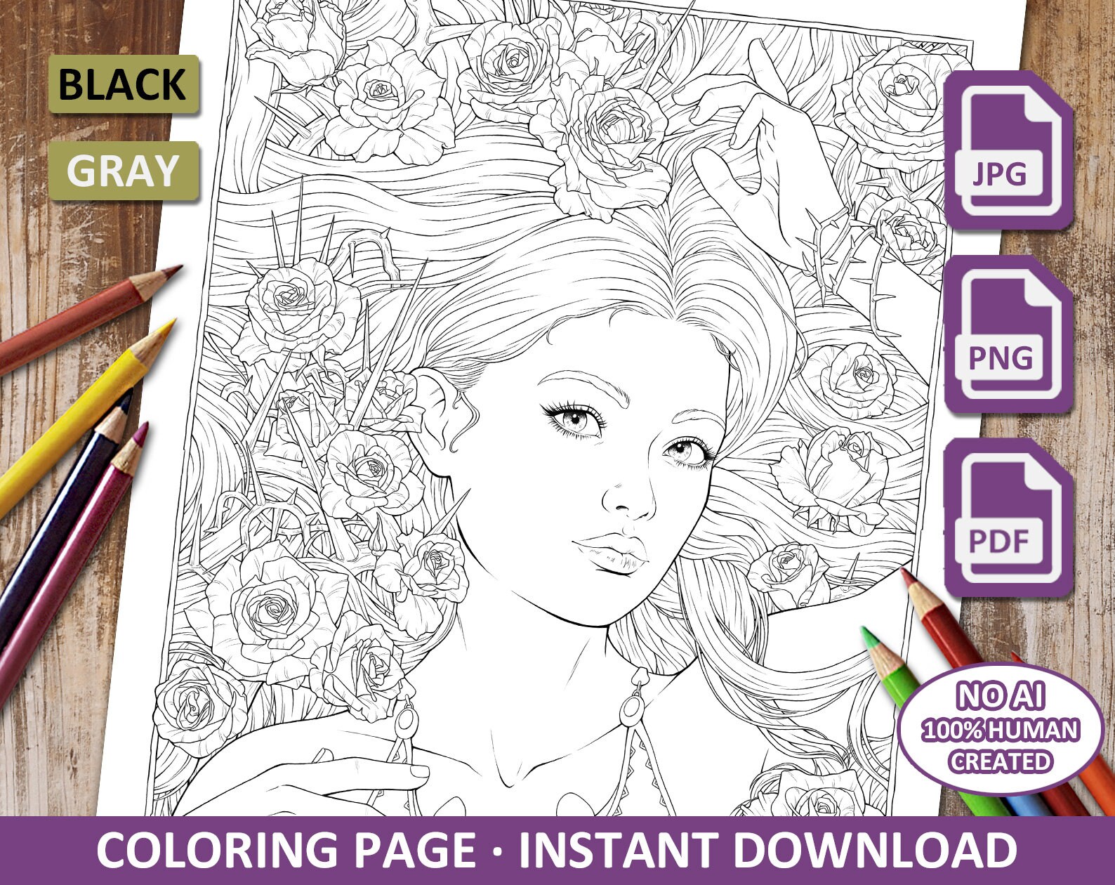 Fantasy Coloring Page Burnt Rose Printable Download - Etsy