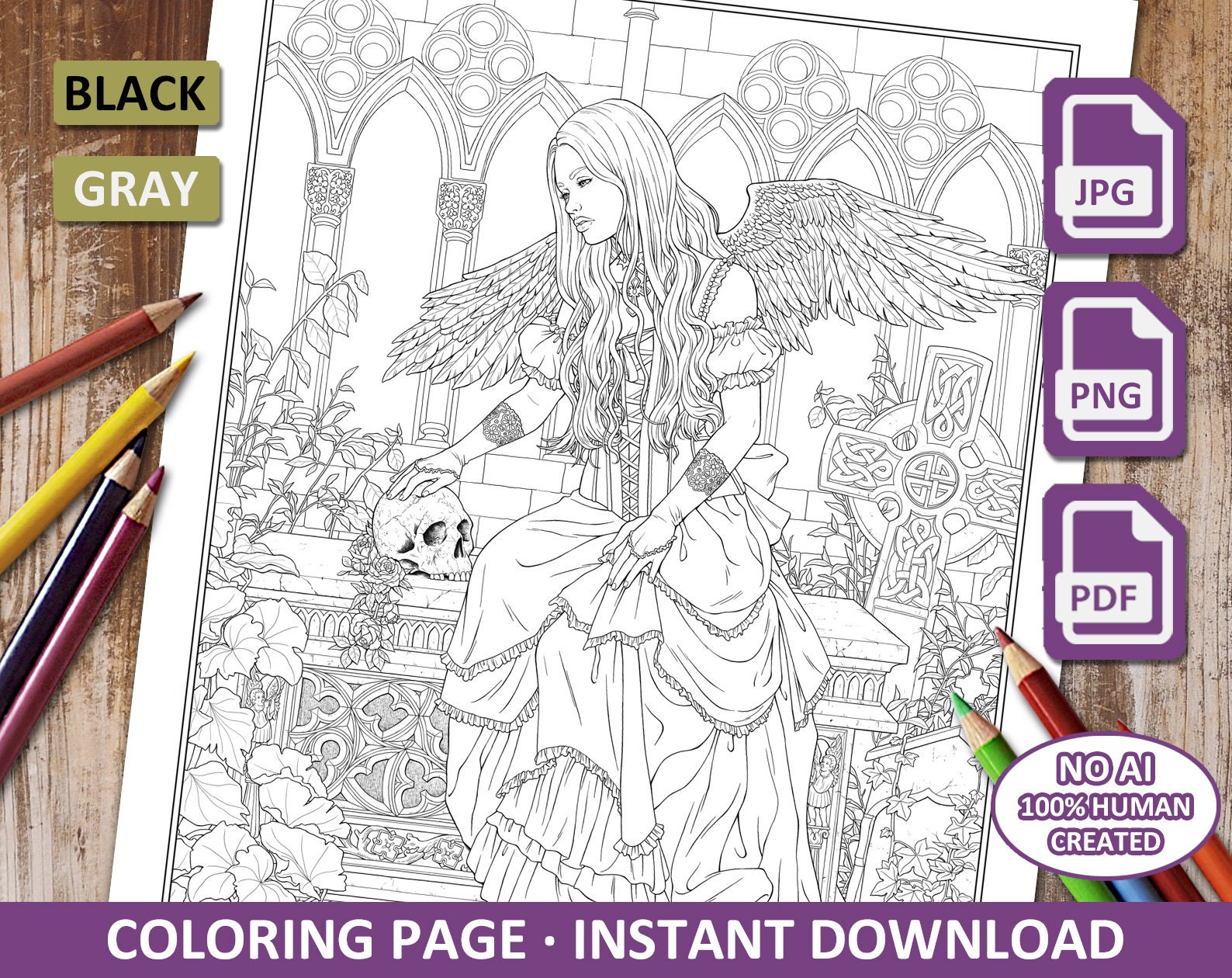 Gothic Coloring Page Guardian of Eternal Rest Printable Download - Etsy