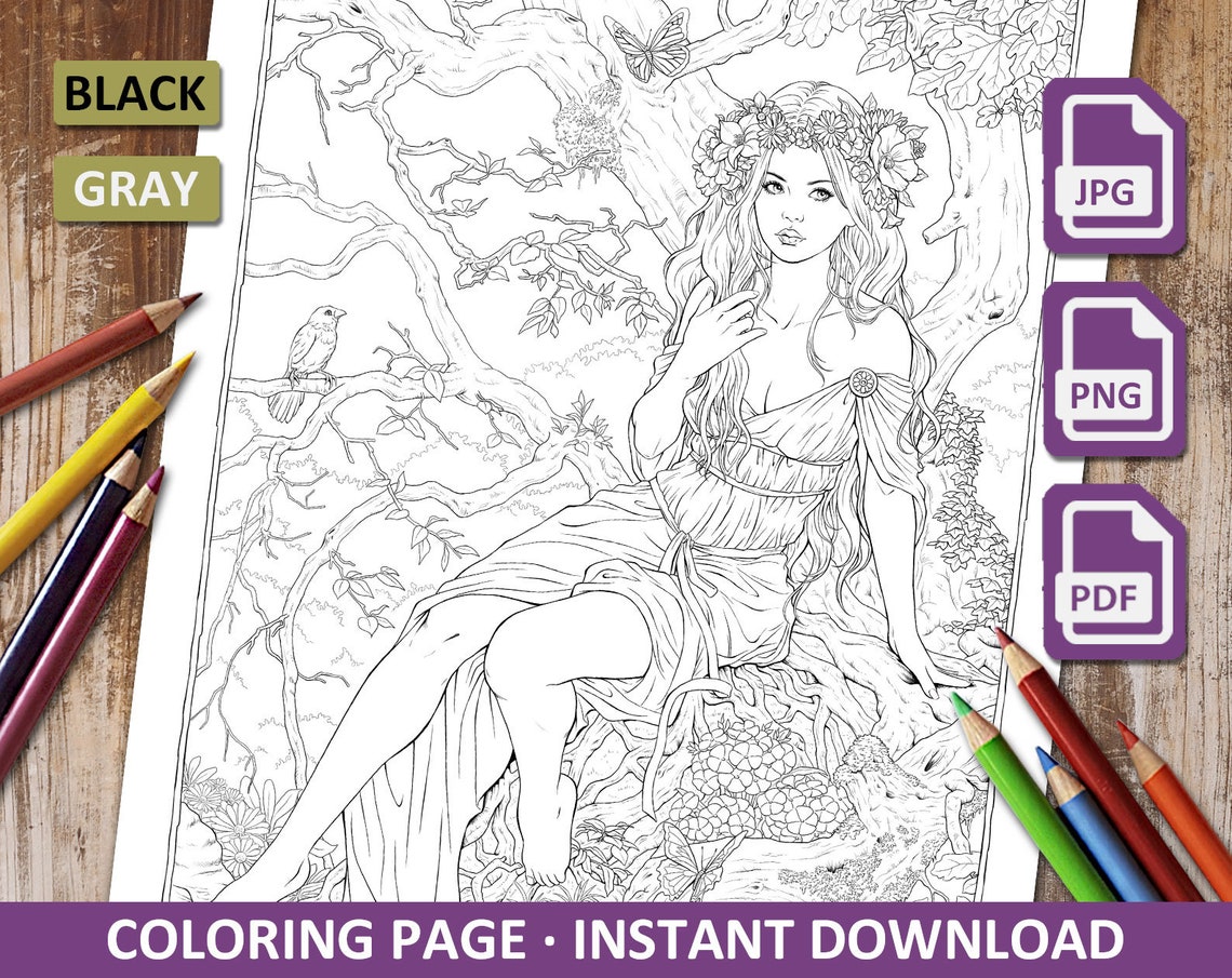 Fantasy Coloring Page Forest Nymph Printable Download - Etsy