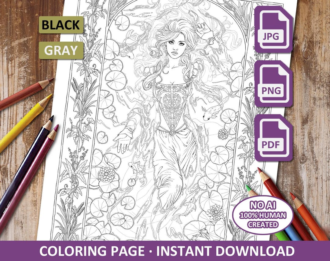 Fantasy Coloring Page - in the Lake - Printable Download - Etsy