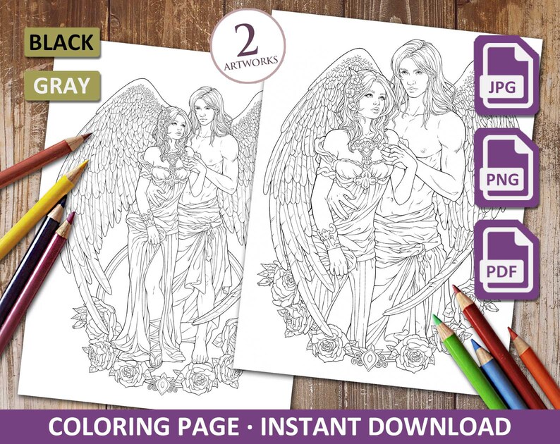 Fantasy Coloring Page Angels Printable Download 2 - Etsy
