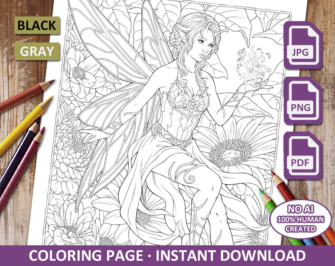 Fantasy Coloring Page Magic of the Flowers Printable Download - Etsy