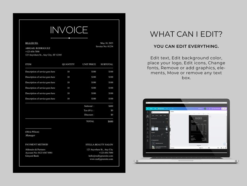 Black Color Invoice Template for Small Businesses Printable Receipt ...