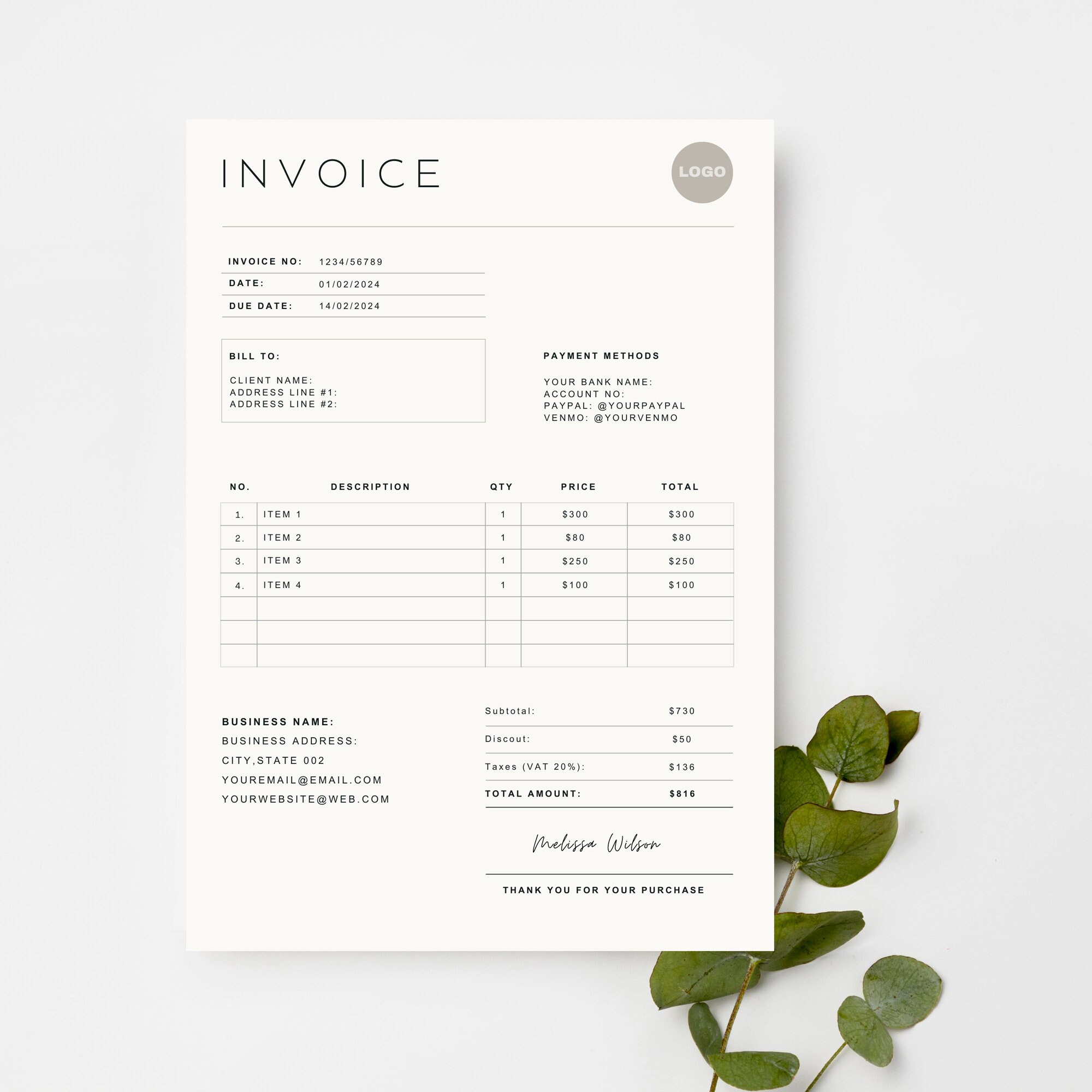 Minimal Boho Style Invoice Template Printable Invoice Printable Receipt ...