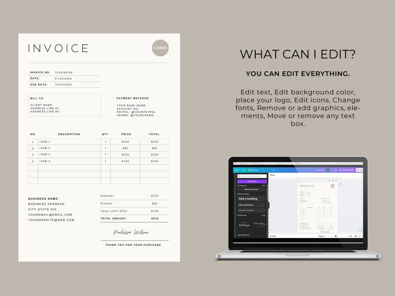 Minimal Boho Style Invoice Template Printable Invoice Printable Receipt ...