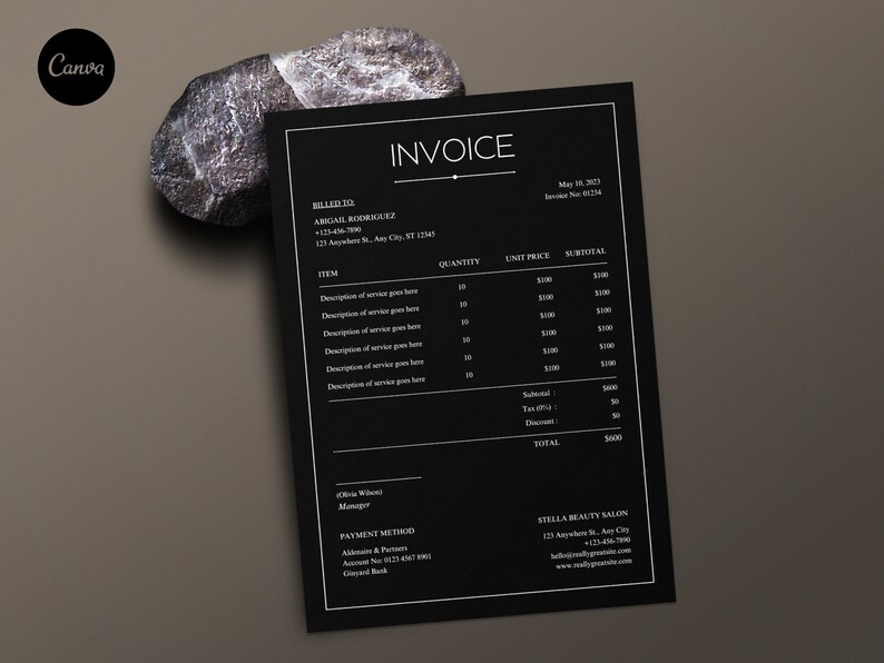 Black Color Invoice Template for Small Businesses Printable Receipt ...