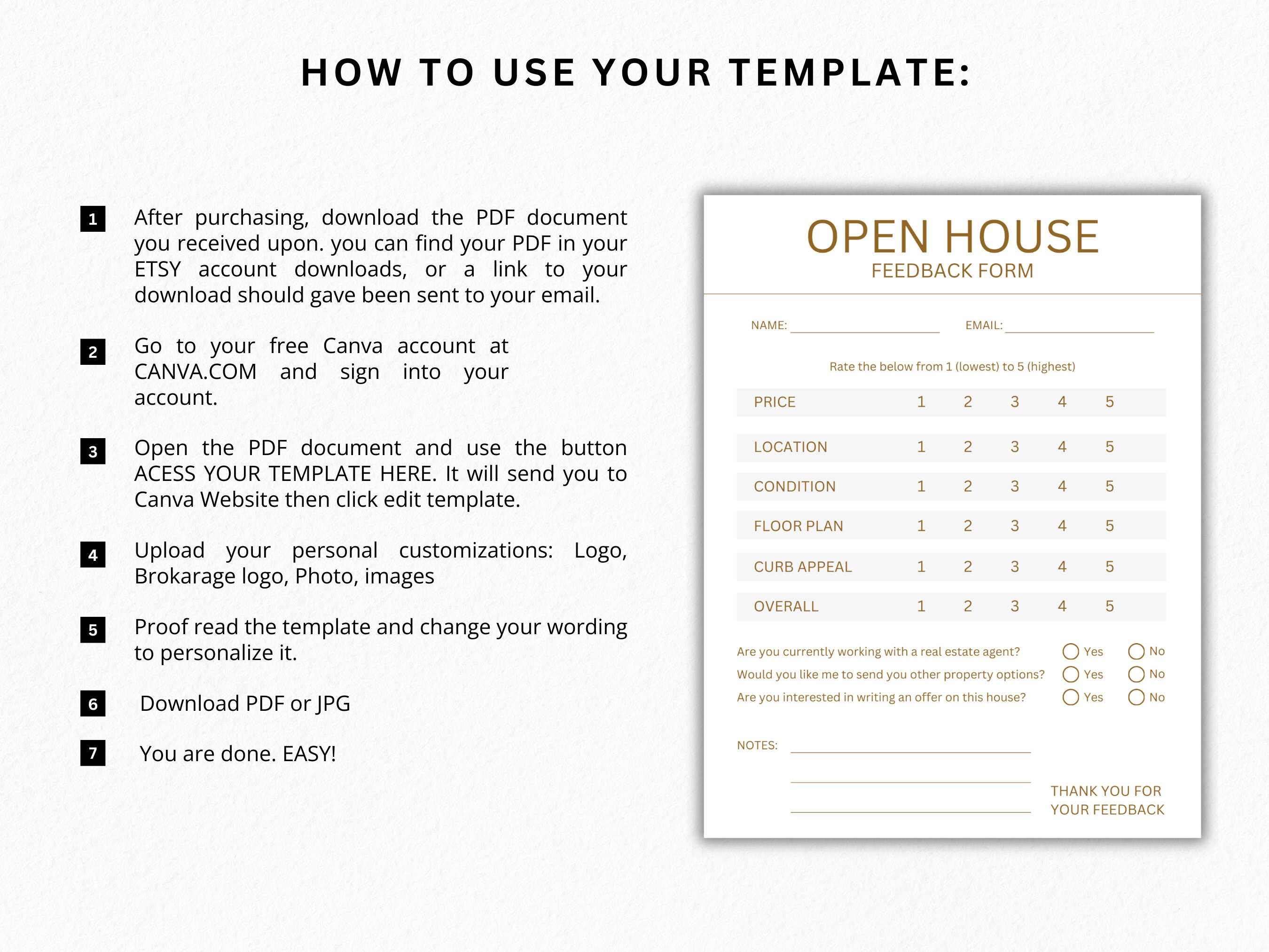Neutral Open House Feedback Form, Editable Template, Real Estate ...