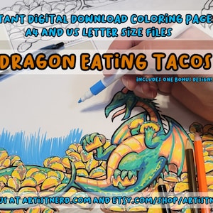 Dragon Eating Taco Coloring Pages - LETTER and A4 Sizes - .JPG File ...