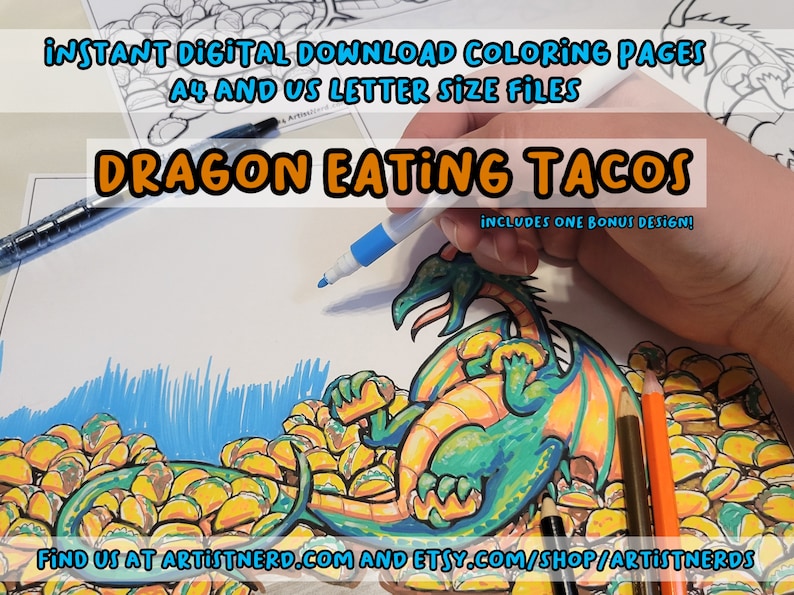 Dragon Eating Taco Coloring Pages - LETTER and A4 Sizes - .JPG File ...