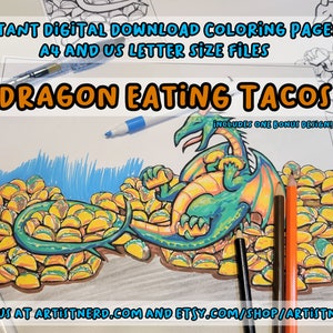 Dragon Eating Taco Coloring Pages - LETTER and A4 Sizes - .JPG File ...