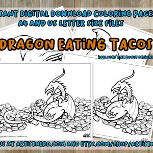 Dragon Eating Taco Coloring Pages - LETTER and A4 Sizes - .JPG File ...