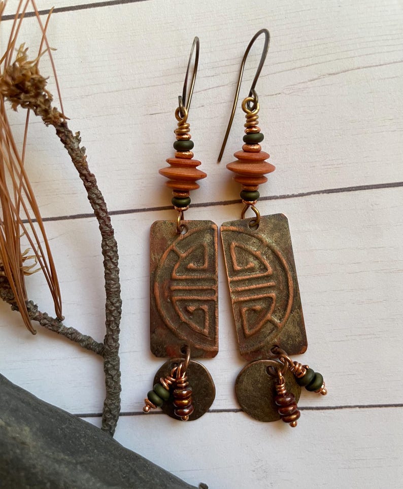 Copper Zen Dangle Earrings With Wood Beads, Boho Style - Etsy