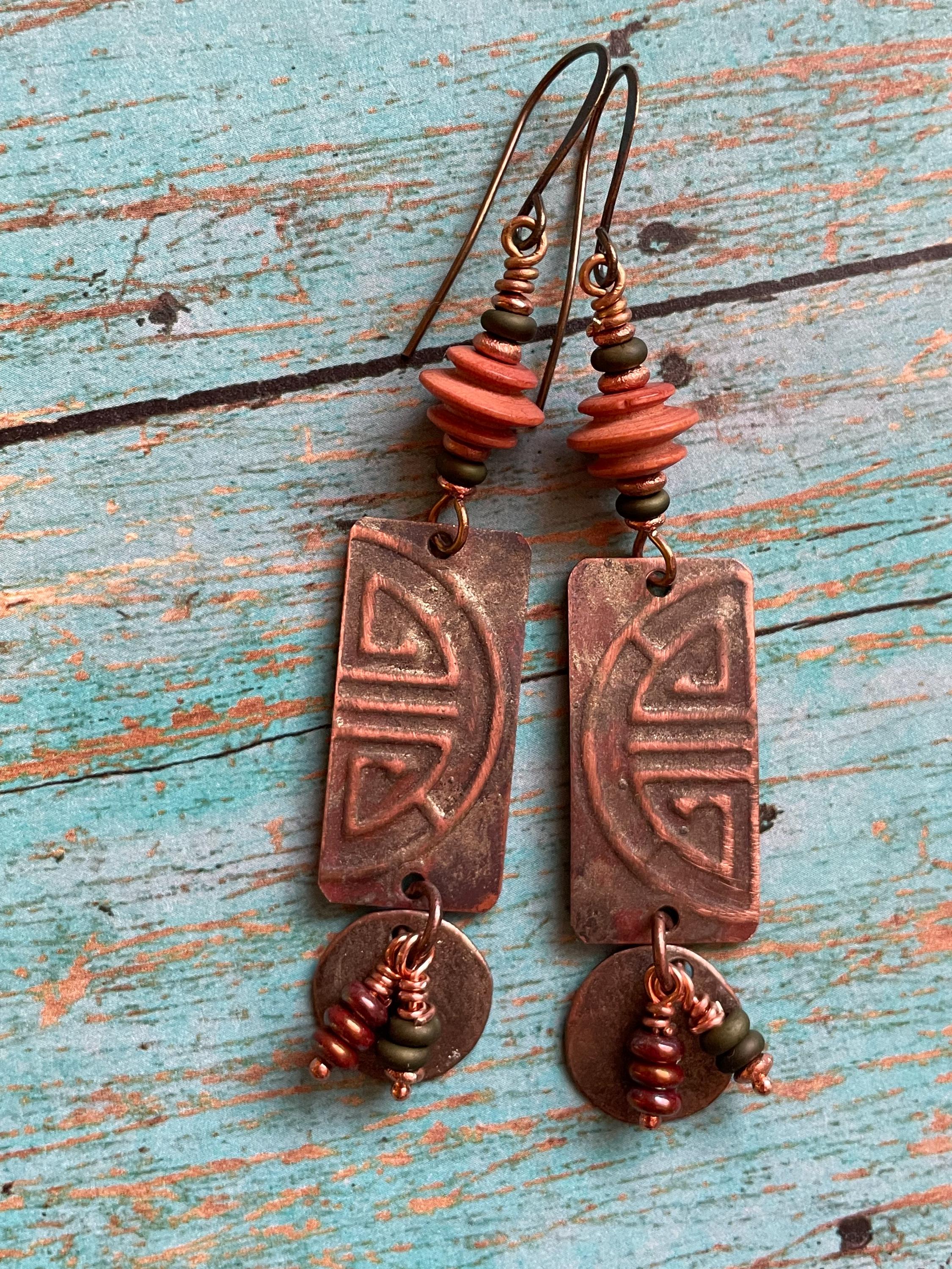 Copper Zen Dangle Earrings With Wood Beads, Boho Style - Etsy